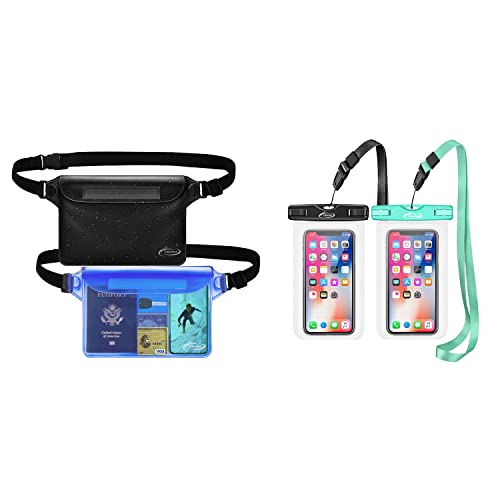 AiRunTech Waterproof Pouch | Way to Keep Your Phone and Valuables Safe and Dry | for Boating Swimming Snorkeling Kayaking Beach Pool (2 Phone Cases(Green + Black) + 2 Fanny Packs(Black + Blue)