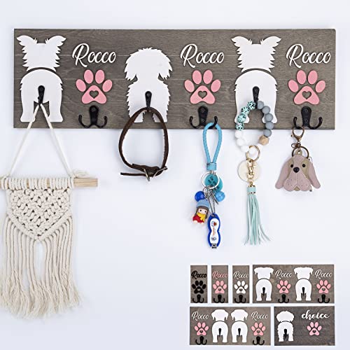 HiPeep Dog Leash Holders for Wall Personalized Key Hooks Hangers for Dog Organization/Storage/Room Decorative Wall-Mounted for Entrance/Hall/Farmhouse with Dog Name+100 Breeds Silhouette