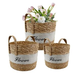 babion 3 pack hand woven storage baskets, round woven baskets for organizing, decorative basket with handles, plant basket, toy storage basket, storage baskets laundry, picnic, 3 sizes