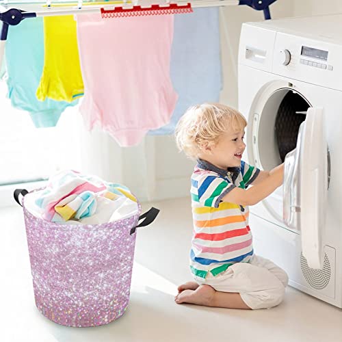 Pink Shiny Glitter printing Laundry Baskets Collapsible Waterproof Laundry Hamper with Handles Round Toy Storage for Dirty Clothes,Kids Toys,Bedroom,Bathroom