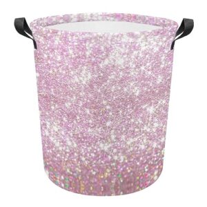 pink shiny glitter printing laundry baskets collapsible waterproof laundry hamper with handles round toy storage for dirty clothes,kids toys,bedroom,bathroom