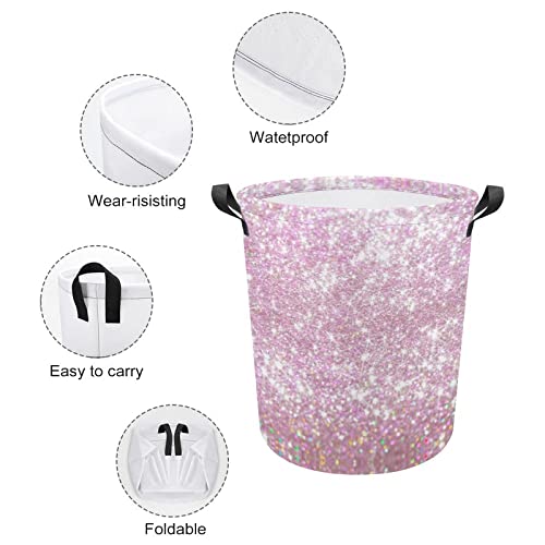 Pink Shiny Glitter printing Laundry Baskets Collapsible Waterproof Laundry Hamper with Handles Round Toy Storage for Dirty Clothes,Kids Toys,Bedroom,Bathroom