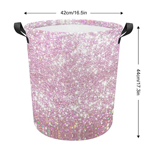 Pink Shiny Glitter printing Laundry Baskets Collapsible Waterproof Laundry Hamper with Handles Round Toy Storage for Dirty Clothes,Kids Toys,Bedroom,Bathroom