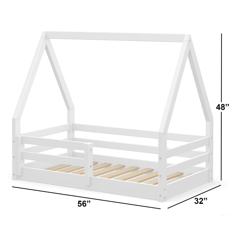 Eden Home Modern Solid Wood Toddler Floor Bed Frame with House Roof Canopy Rails in White