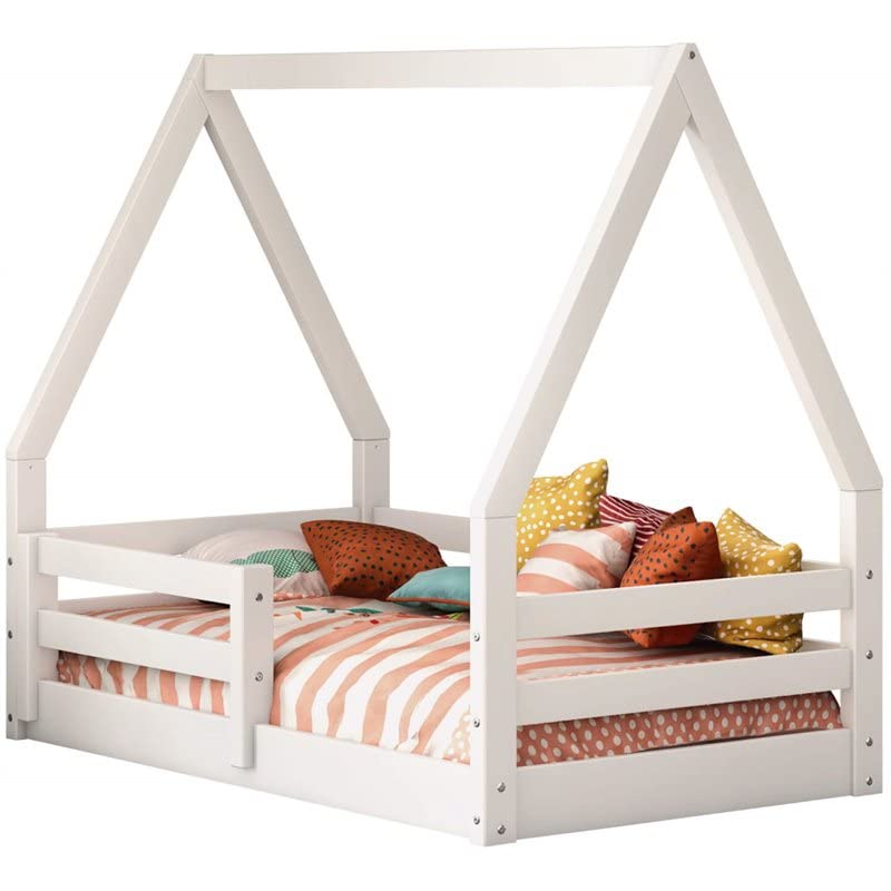 Eden Home Modern Solid Wood Toddler Floor Bed Frame with House Roof Canopy Rails in White