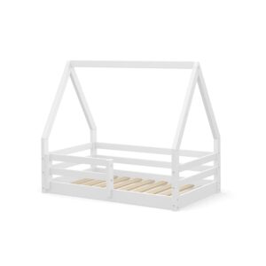 Eden Home Modern Solid Wood Toddler Floor Bed Frame with House Roof Canopy Rails in White