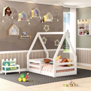 Eden Home Modern Solid Wood Toddler Floor Bed Frame with House Roof Canopy Rails in White