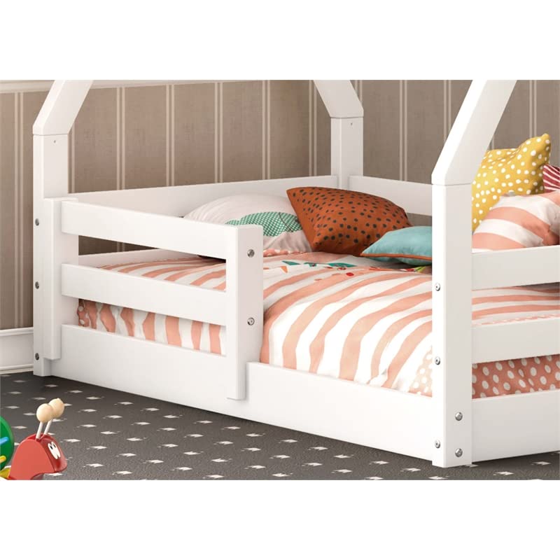 Eden Home Modern Solid Wood Toddler Floor Bed Frame with House Roof Canopy Rails in White