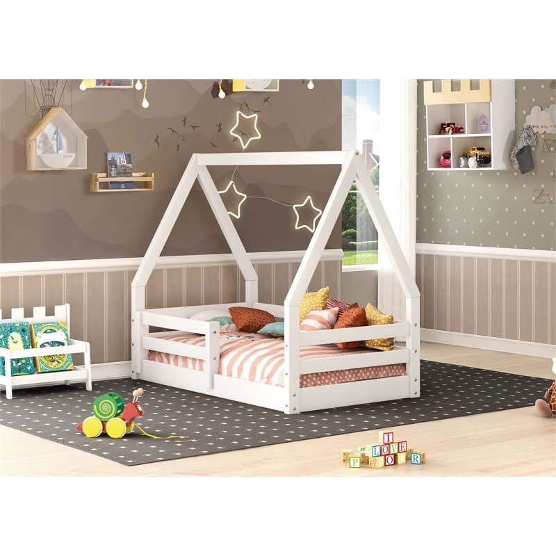 Eden Home Modern Solid Wood Toddler Floor Bed Frame with House Roof Canopy Rails in White