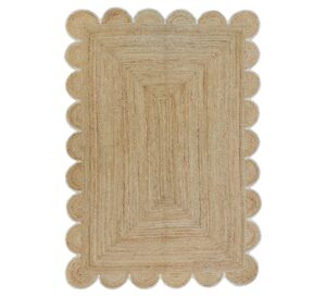 weaving village scalloped natural jute area rug, colored trim