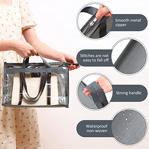 15 Pieces Dust Cover Organizer Bags for Handbags, 3 Sizes Clear Handbag Storage Bag Purse Storage with Zipper and Handles Dust Bags for Purses Handbags Closet, 5 Each Size (Gray)