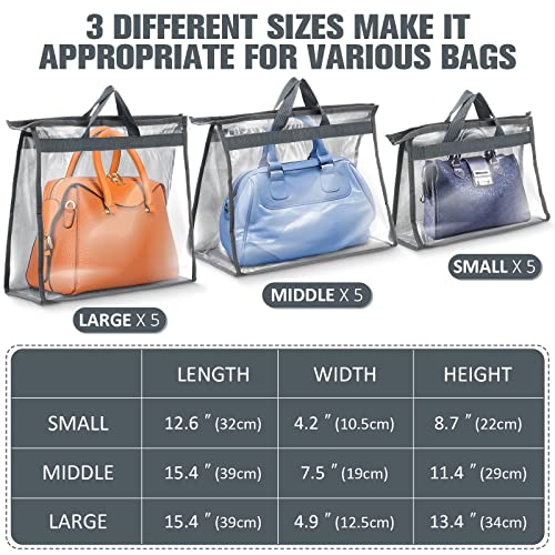 15 Pieces Dust Cover Organizer Bags for Handbags, 3 Sizes Clear Handbag Storage Bag Purse Storage with Zipper and Handles Dust Bags for Purses Handbags Closet, 5 Each Size (Gray)