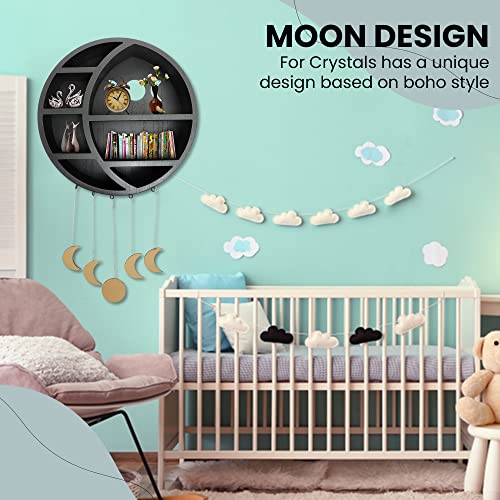 Crescent Moon Shelf for Crystals Includes 5 Moon Shaped Pendants, Wooden Moon Wall Shelf for Stones & Essential Oils, Wall Mounted and Easy to Hang Wall Hanging Floating Shelves