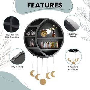 Crescent Moon Shelf for Crystals Includes 5 Moon Shaped Pendants, Wooden Moon Wall Shelf for Stones & Essential Oils, Wall Mounted and Easy to Hang Wall Hanging Floating Shelves