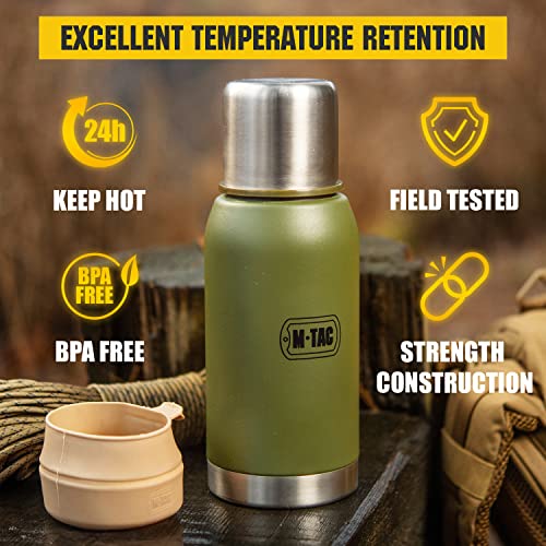 M-Tac Thermo Bottle Type 2 for Cold & Hot Beverages - Stainless Steel Leakproof Vacuum Insulated Flask (Olive, 25 oz)