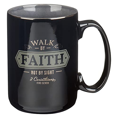 Christian Art Gifts Large Ceramic Bible Verse Coffee & Tea Mug for Men: Walk by Faith - 2 Corinthians 5:7 Inspirational Scripture, Non-toxic & Lead-free Novelty Drinkware, Black/Gray w/Silver, 14 oz.