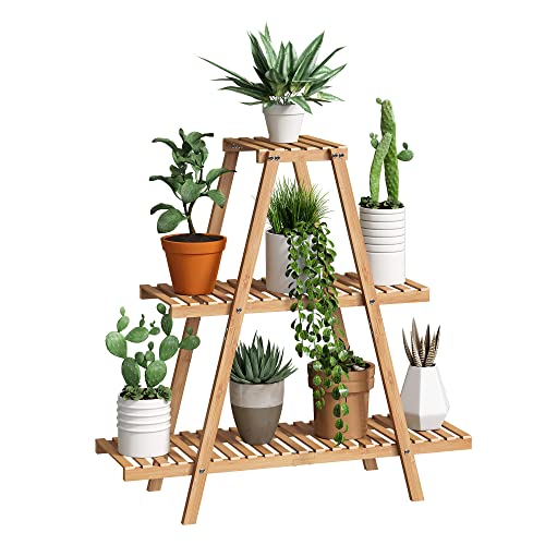 Plant Stand Indoor Bamboo Outdoor Tiered Plant Shelf 3 Tier 8 Potted Flower Holder Ladder Plant Rack For Multiple Table Plant Pot Stand For Balcony Window Garden Living Room Patio Triangle Plant Stands (3 Tier Natural)