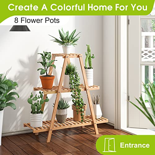 Plant Stand Indoor Bamboo Outdoor Tiered Plant Shelf 3 Tier 8 Potted Flower Holder Ladder Plant Rack For Multiple Table Plant Pot Stand For Balcony Window Garden Living Room Patio Triangle Plant Stands (3 Tier Natural)