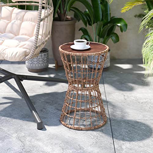 Flash Furniture Devon Indoor/Outdoor Rattan Rope Table - Natural Finish Polyethylene Rattan - Black Finished Engineered Wood Top - Fade and Weather Resistant