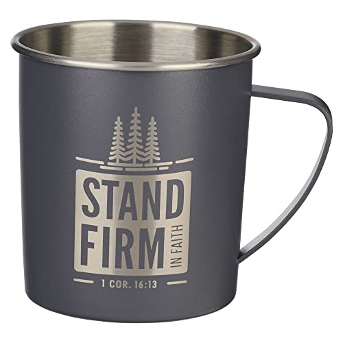 Christian Art Gifts Stainless Steel Single Wall Travel Camp Style Mug w/Comfort Handle for Men & Women: Stand Firm - 1 Cor. 16:13 Inspirational Bible Verse, Sturdy Lightweight Design, Gray, 17 oz.