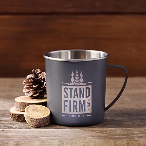 Christian Art Gifts Stainless Steel Single Wall Travel Camp Style Mug w/Comfort Handle for Men & Women: Stand Firm - 1 Cor. 16:13 Inspirational Bible Verse, Sturdy Lightweight Design, Gray, 17 oz.