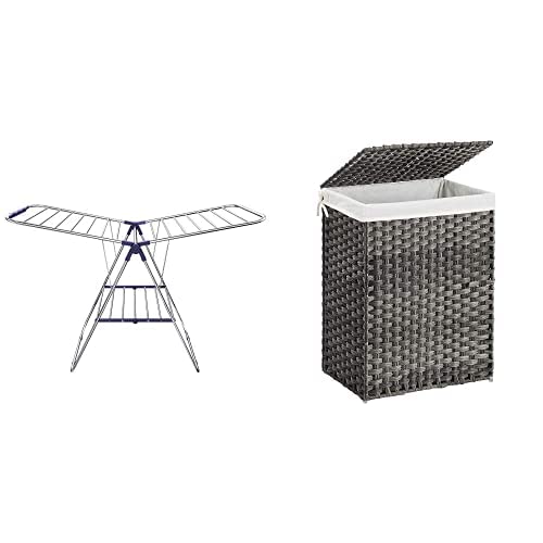 SONGMICS Clothes Drying Rack with Sock Clips and Height-Adjustable Gullwings, Foldable, Silver + Dark Blue ULLR52BU & 23.8 Gal (90L) Synthetic Rattan Clothes Laundry Basket with Lid