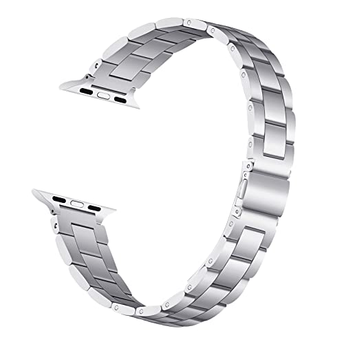 PUNYTONCY band Compatible with Apple Watch Band 38mm 40mm 41mm, Slim Stainless Steel Metal Silver Replacement Strap for iWatch Series 8 7 6 5 4 3 2 1 SE for Women (Silver, 38mm 40mm 41mm)