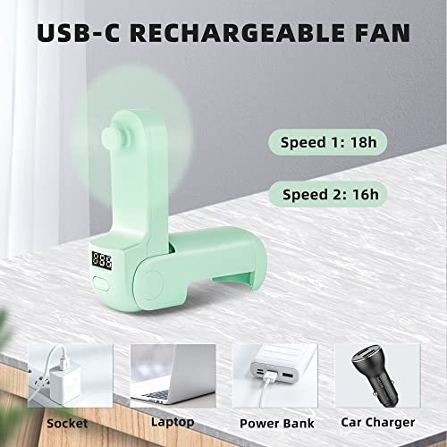 Mini Handheld Fan, Portable Fan 3 IN 1 2000mAh, Battery Operated Fan with LED Display as Phone Holder, Hand Fan USB Rechargeable for Outdoor Travel Camping-Green