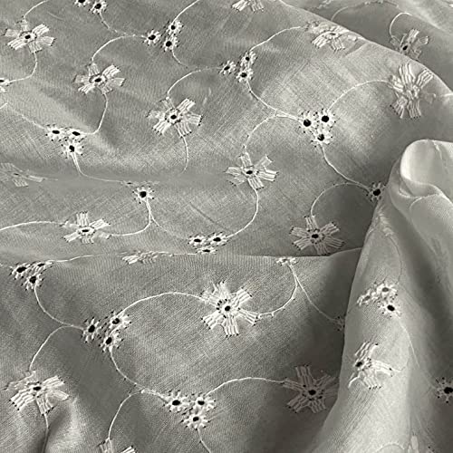 Cotton Eyelet Fabric Allover Flower Embroidery, White, useable Embr. Width 51" 100% Natural Cotton, for Garments, Linen (2 YDS, White)