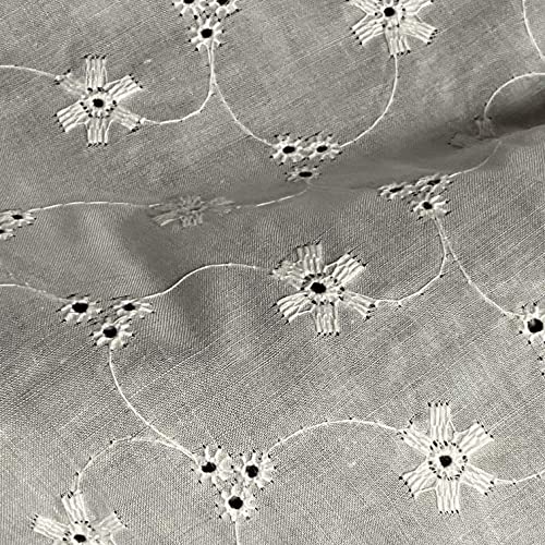 Cotton Eyelet Fabric Allover Flower Embroidery, White, useable Embr. Width 51" 100% Natural Cotton, for Garments, Linen (2 YDS, White)