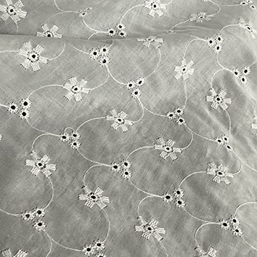 Cotton Eyelet Fabric Allover Flower Embroidery, White, useable Embr. Width 51" 100% Natural Cotton, for Garments, Linen (2 YDS, White)