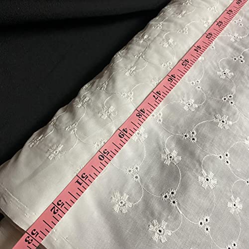 Cotton Eyelet Fabric Allover Flower Embroidery, White, useable Embr. Width 51" 100% Natural Cotton, for Garments, Linen (2 YDS, White)