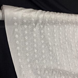 Cotton Eyelet Fabric Allover Flower Embroidery, White, useable Embr. Width 51" 100% Natural Cotton, for Garments, Linen (2 YDS, White)