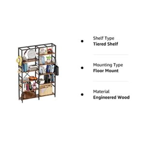 Monesti Bookshelf, 5 Tier Bookcase with 6 Hooks, Book Shelf for Bedroom, Living Room, Kitchen, Study and Home Office(Rustic Brown).