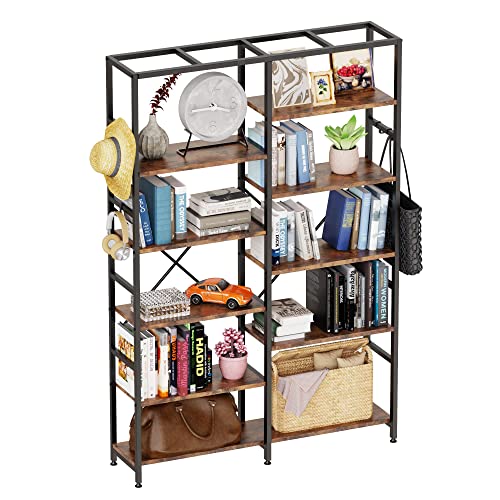 Monesti Bookshelf, 5 Tier Bookcase with 6 Hooks, Book Shelf for Bedroom, Living Room, Kitchen, Study and Home Office(Rustic Brown).