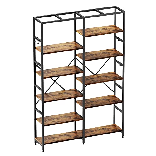 Monesti Bookshelf, 5 Tier Bookcase with 6 Hooks, Book Shelf for Bedroom, Living Room, Kitchen, Study and Home Office(Rustic Brown).