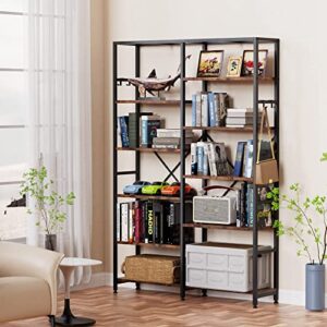 Monesti Bookshelf, 5 Tier Bookcase with 6 Hooks, Book Shelf for Bedroom, Living Room, Kitchen, Study and Home Office(Rustic Brown).