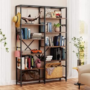 Monesti Bookshelf, 5 Tier Bookcase with 6 Hooks, Book Shelf for Bedroom, Living Room, Kitchen, Study and Home Office(Rustic Brown).