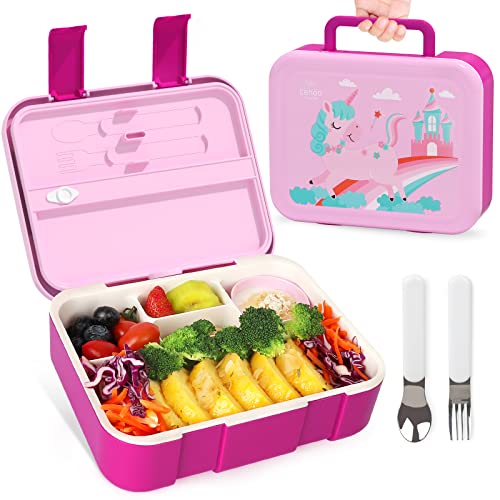 Lehoo Castle Bento Lunch Box for Kids with 5 Compartments,1250ml Lunch Containers with Sauce Jar, Spoon&Fork, Durable, Leak Proof, BPA-Free and Food-Safe Materials (Pink)