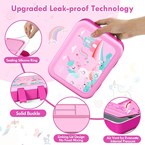 Lehoo Castle Bento Lunch Box for Kids with 5 Compartments,1250ml Lunch Containers with Sauce Jar, Spoon&Fork, Durable, Leak Proof, BPA-Free and Food-Safe Materials (Pink)