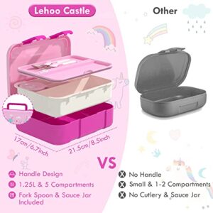 Lehoo Castle Bento Lunch Box for Kids with 5 Compartments,1250ml Lunch Containers with Sauce Jar, Spoon&Fork, Durable, Leak Proof, BPA-Free and Food-Safe Materials (Pink)