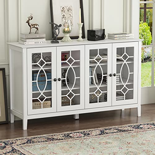 AGOTENI Buffet Cabinet with Glass Door, 53.9 Inch Credenza Sideboard Buffet for Living Room, Coffee Bar Cabinet with Adjustable Shelves for Living Room, Dining Room, Home Furniture (White