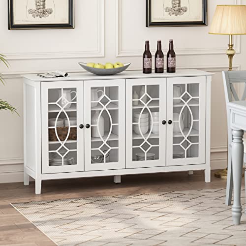 AGOTENI Buffet Cabinet with Glass Door, 53.9 Inch Credenza Sideboard Buffet for Living Room, Coffee Bar Cabinet with Adjustable Shelves for Living Room, Dining Room, Home Furniture (White