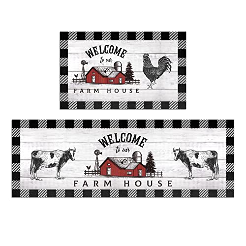 HOLVDENG Farmhouse Kitchen Mat Set of 2 Non Slip Thick Kitchen Rugs and Mats for Floor Comfort Standing Mats for Kitchen, Sink, Office, Laundry, 17"x47"+17"x28"