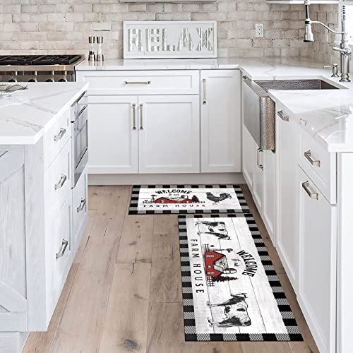 HOLVDENG Farmhouse Kitchen Mat Set of 2 Non Slip Thick Kitchen Rugs and Mats for Floor Comfort Standing Mats for Kitchen, Sink, Office, Laundry, 17"x47"+17"x28"