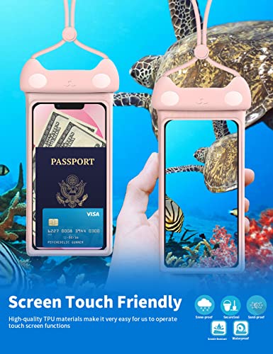 2 Pack Lovely Waterproof Phone Pouch with Lanyard Cell Phone IP8X Diving Outdoor Beach Underwater Up to 7.0" Universal Phone Case Dry Bag 3D Seamless HD TPU Dustproof Touch for iPhone Meow Pink Blue