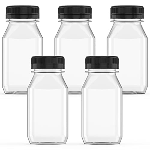 Hulless 5 Pcs 8 Ounce Plastic Juice Bottle Drink Containers Juicing Bottles with Black Lids, Suitable for Juice, Smoothies, Milk and Homemade Beverages, 250 mL