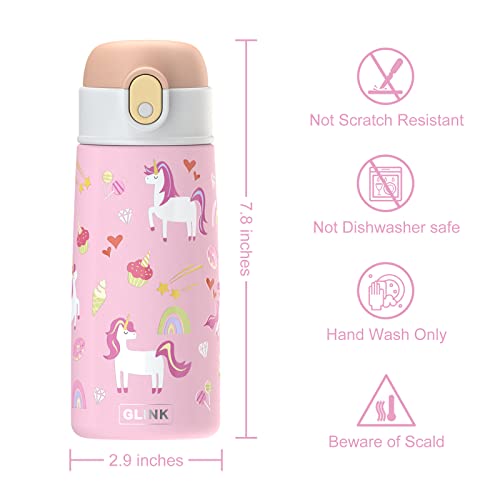 GLINK Kids Insulated Water Bottle with Straw for School, Cute Stainless Steel with Auto Flip Lid Water Bottle for Kids, Children, Boys, Girls (14oz, Unicorn-Pink)