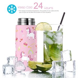 GLINK Kids Insulated Water Bottle with Straw for School, Cute Stainless Steel with Auto Flip Lid Water Bottle for Kids, Children, Boys, Girls (14oz, Unicorn-Pink)