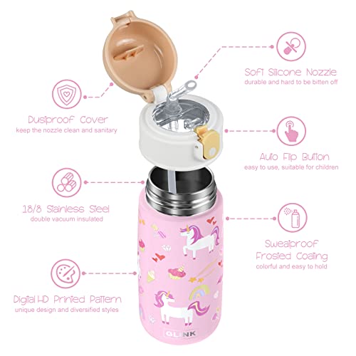 GLINK Kids Insulated Water Bottle with Straw for School, Cute Stainless Steel with Auto Flip Lid Water Bottle for Kids, Children, Boys, Girls (14oz, Unicorn-Pink)